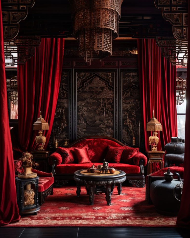 Modern Chinese Home Interior – Red and Dark Wood Accents