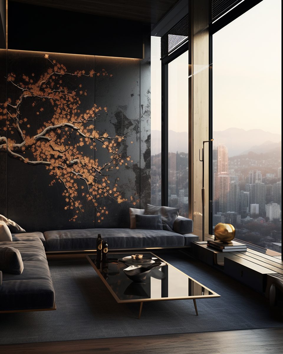 Modern and Luxurious Apartment with Golden Cherry Blossom Decor