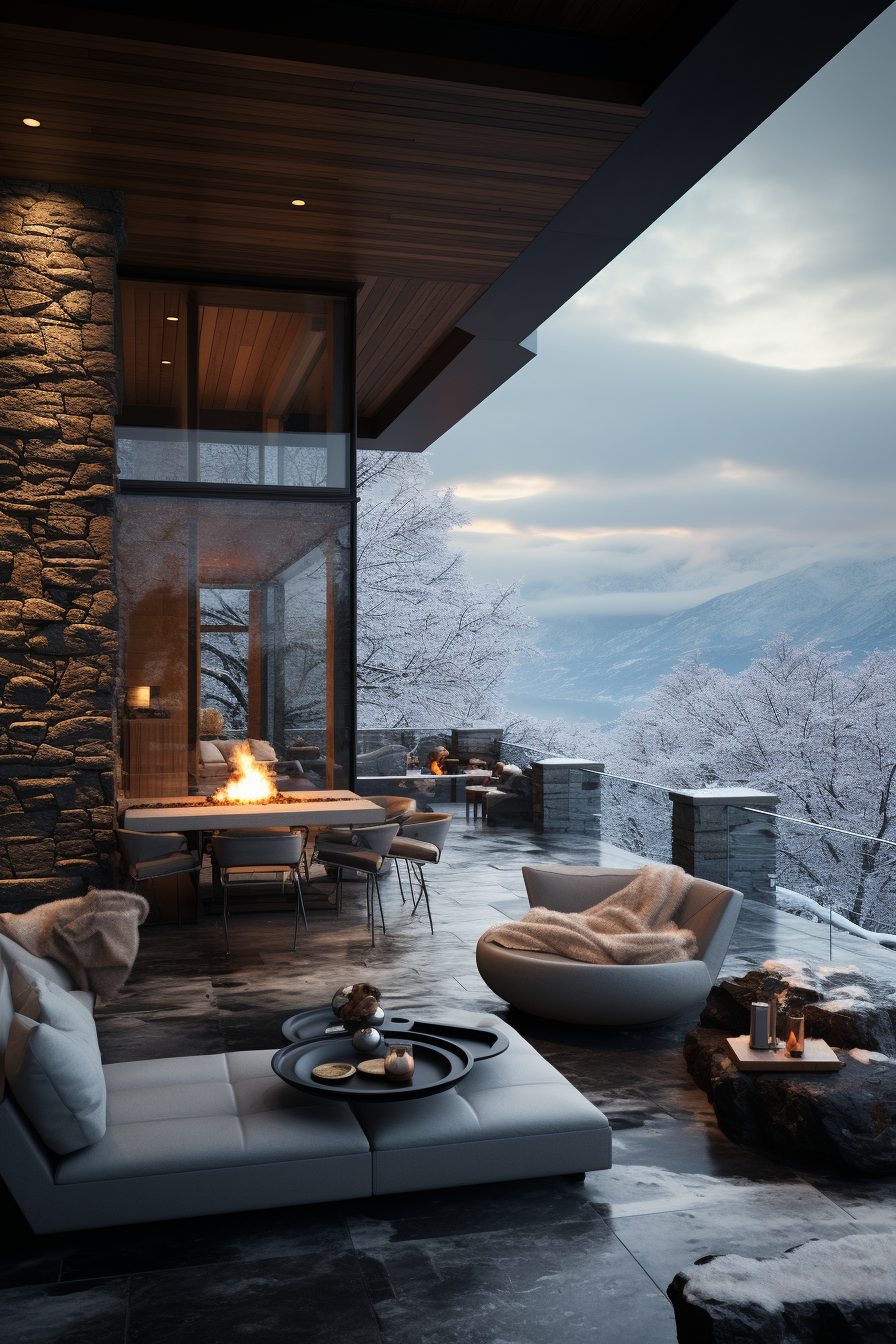 Patio of a Snowy Modern Mountain Home