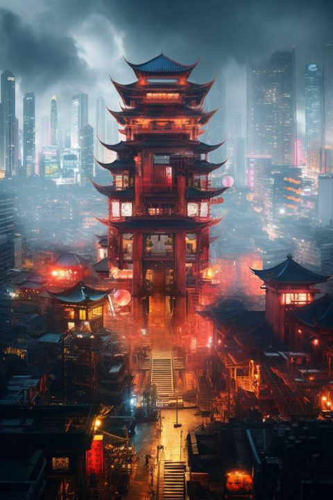 The Red Temple of a Cyberpunk City