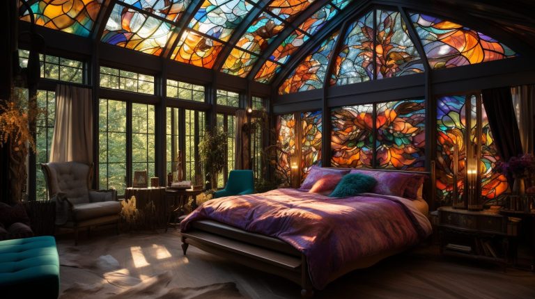 A Bedroom With Beautiful Stained Glass Skylight and Windows