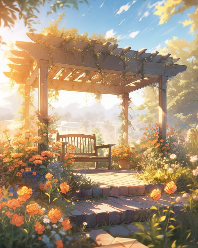 A Pergola Surrounded By Beautiful and Colorful Flowers