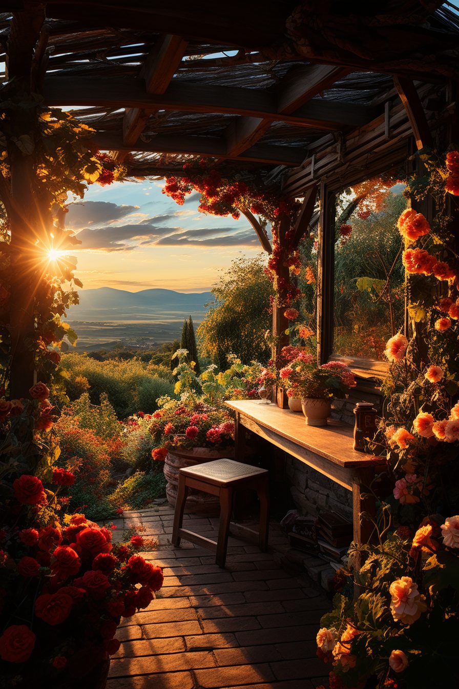A Pergola Surrounded By Beautiful and Colorful Flowers