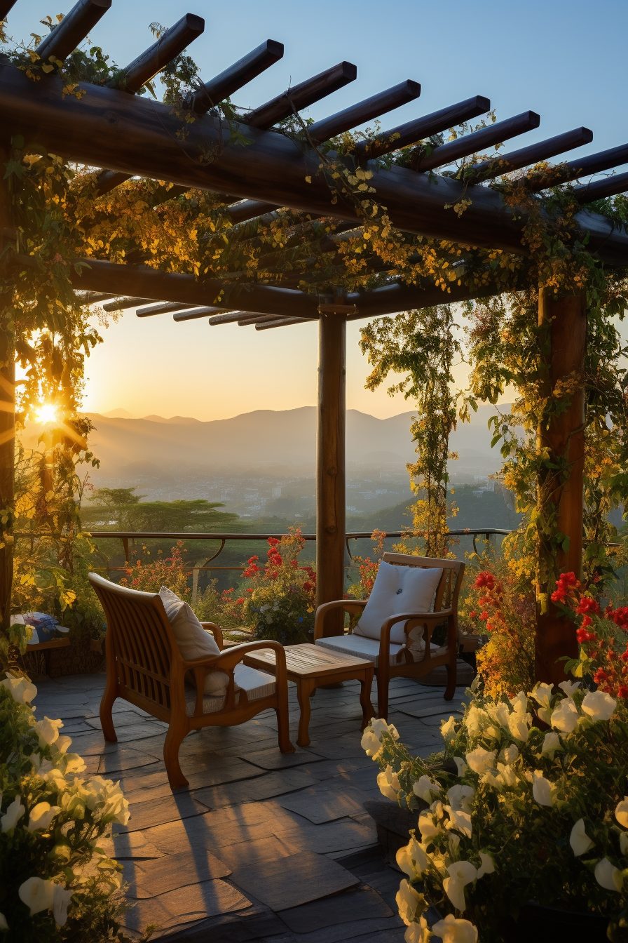 A Pergola Surrounded By Beautiful and Colorful Flowers