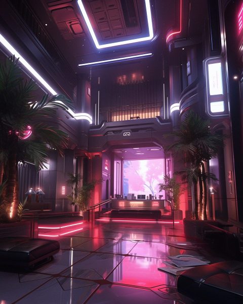Cyberpunk Hotel Lobby Interiors and Corridors