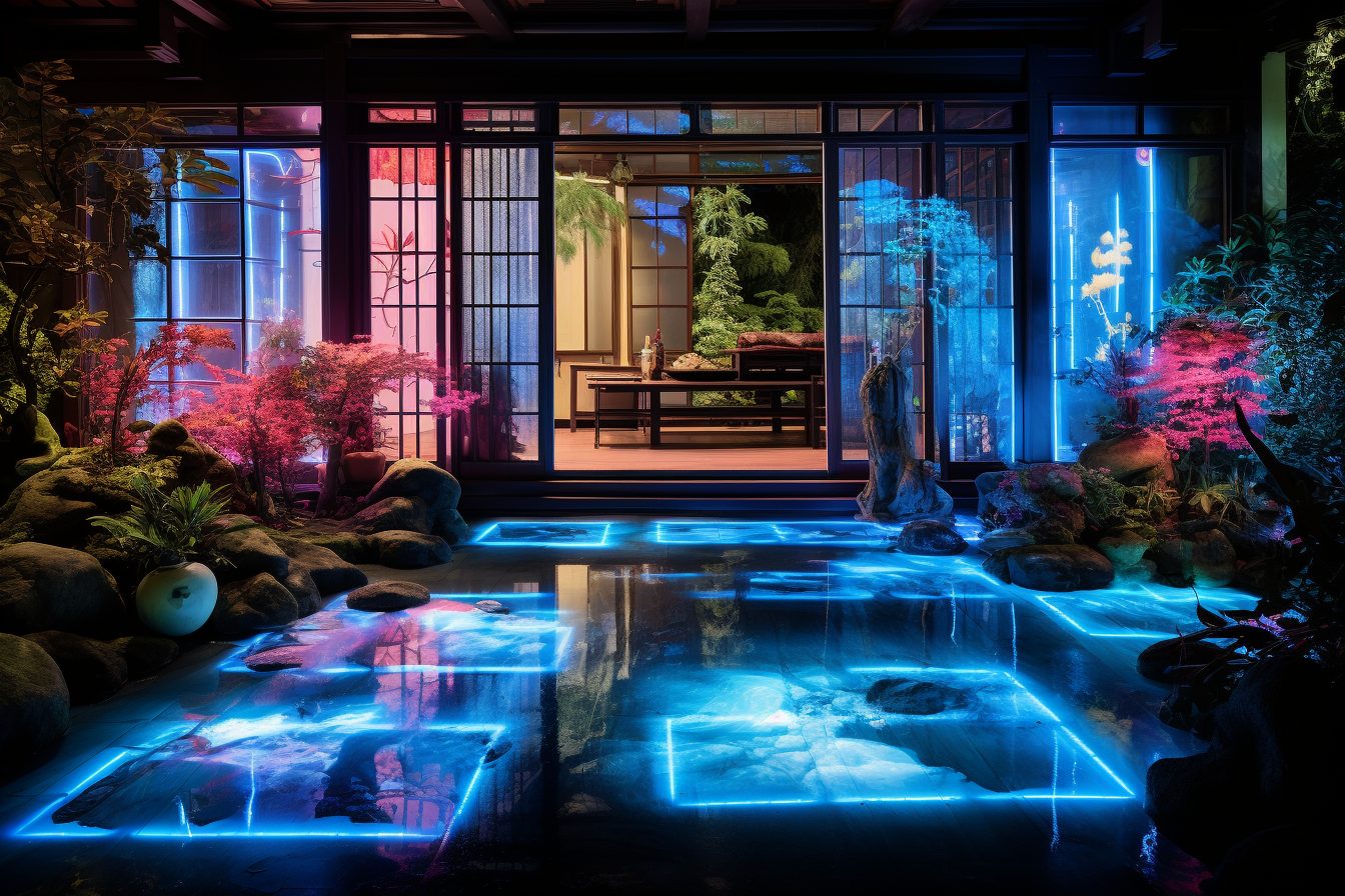 Cyberpunk Zen Garden and Traditional Japanese Garden House