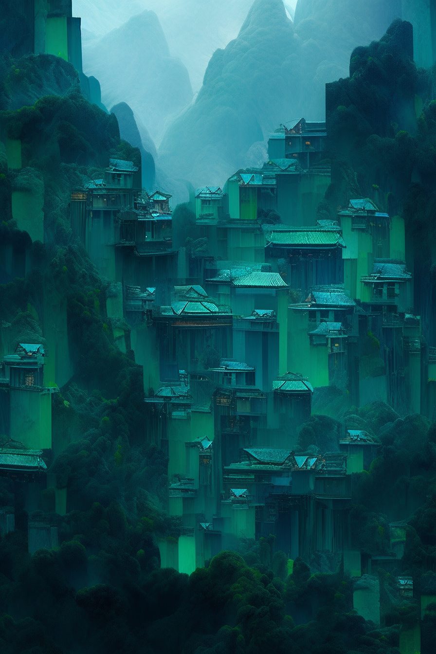 Neon Buildings On Lush Green Mountains