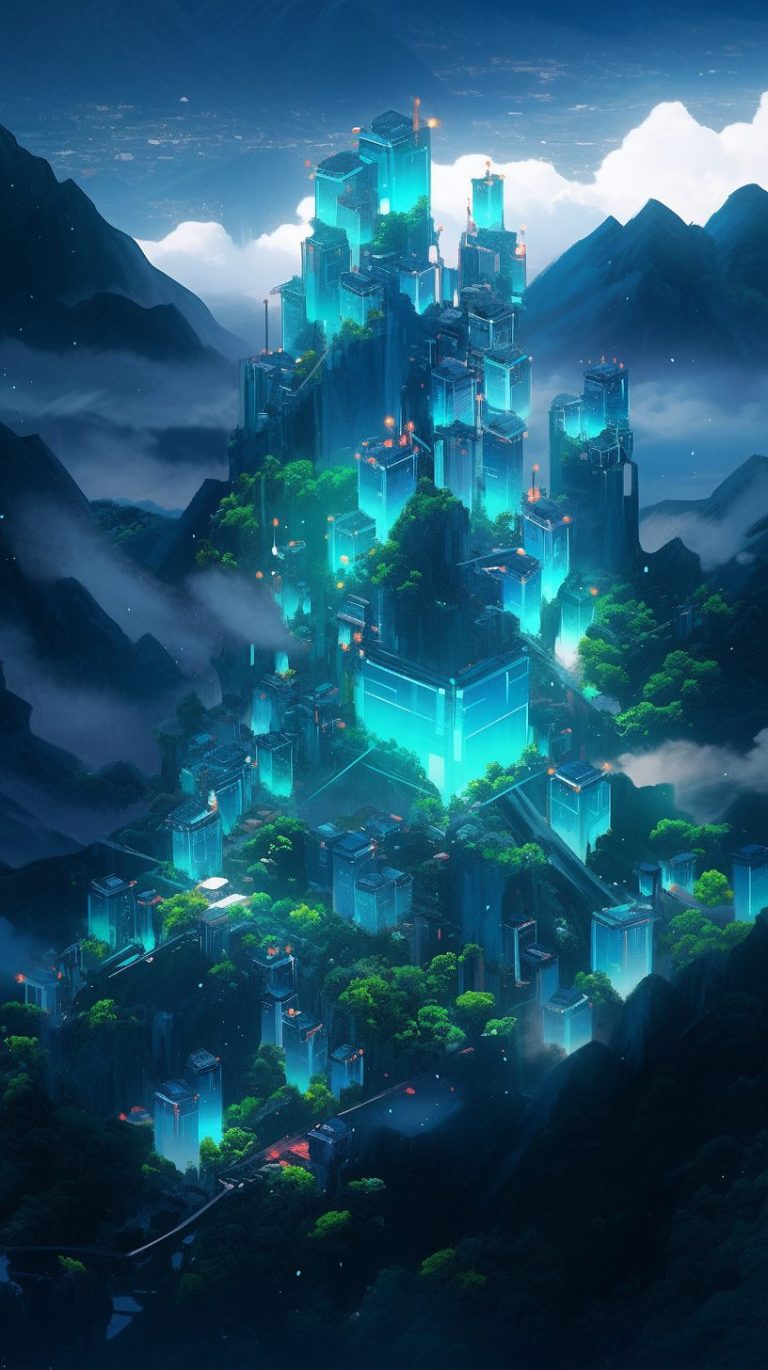 Neon Buildings On Lush Green Mountains