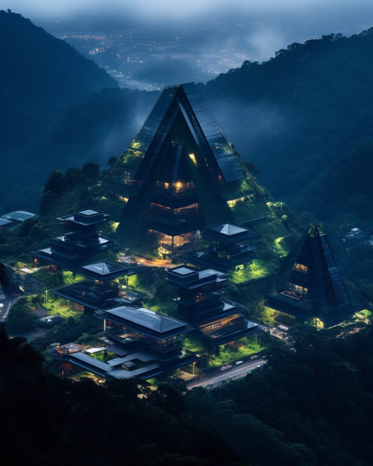 Neon Buildings On Lush Green Mountains