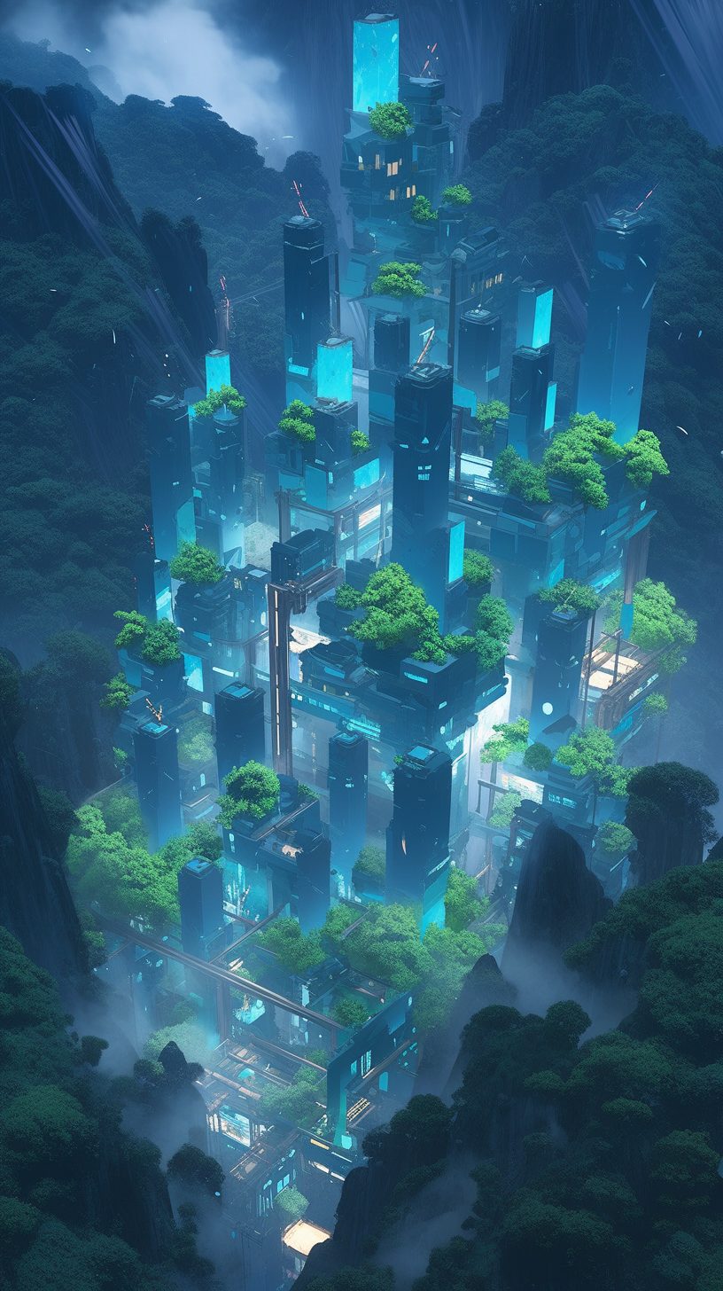 Neon Buildings On Lush Green Mountains