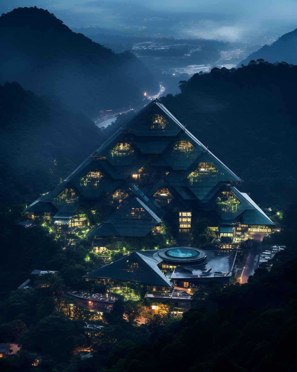 Neon Buildings On Lush Green Mountains