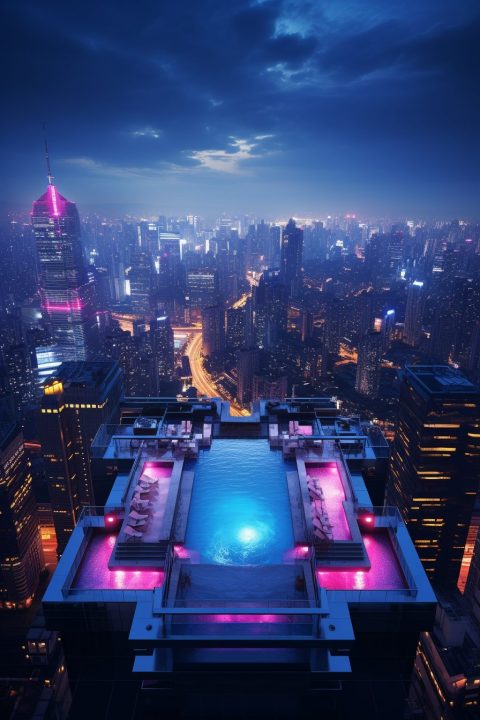 Rooftop Neon Swimming Pool with a Skyline View