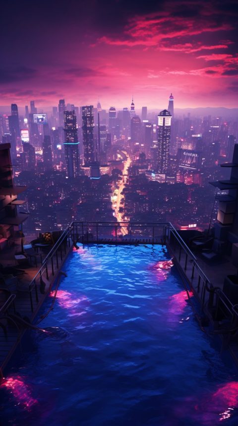 Rooftop Neon Swimming Pool with a Skyline View