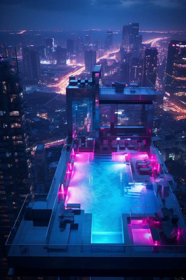 Rooftop Neon Swimming Pool with a Skyline View