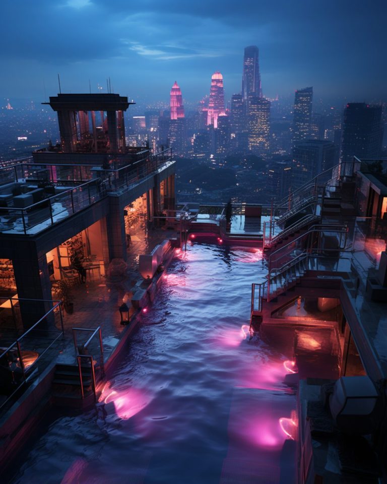 Rooftop Neon Swimming Pool with a Skyline View