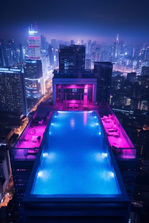 Rooftop Neon Swimming Pool with a Skyline View