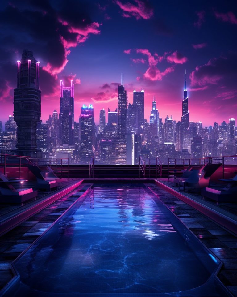 Rooftop Neon Swimming Pool with a Skyline View