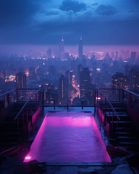 Rooftop Neon Swimming Pool with a Skyline View
