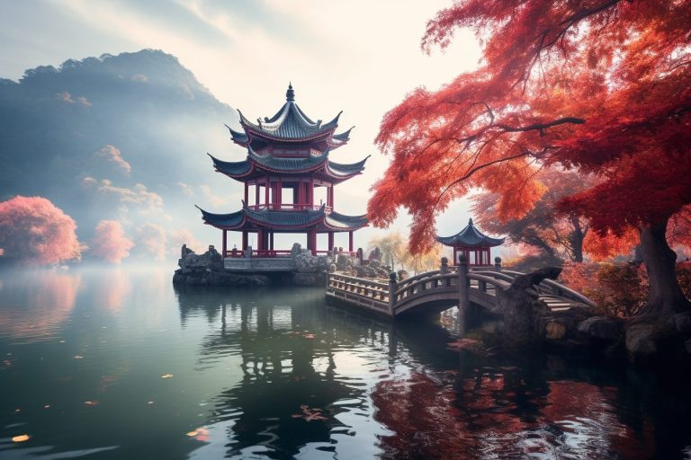Traditional Chinese Pavilions Beside A Lake