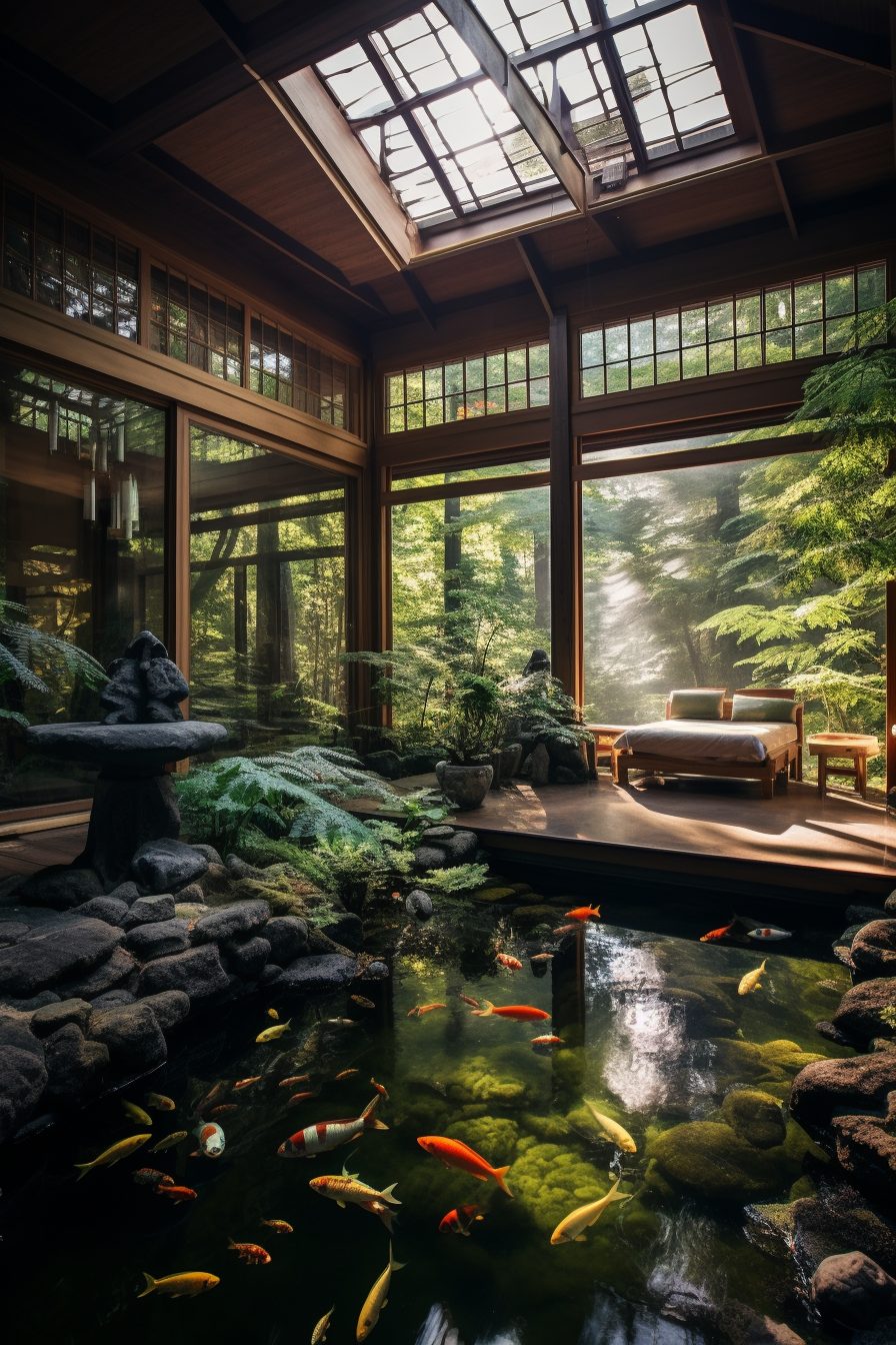 Traditional Japanese House with an Indoor Pond and Skywell