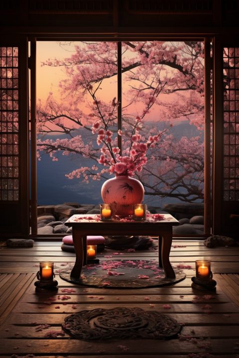 Traditional Machiya Room with a View of the Cherry Blossom Landscape