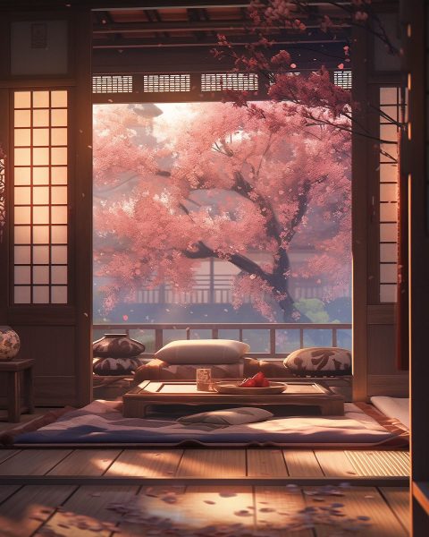 Traditional Machiya Room with a View of the Cherry Blossom Landscape