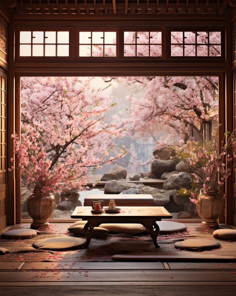 Traditional Machiya Room with a View of the Cherry Blossom Landscape
