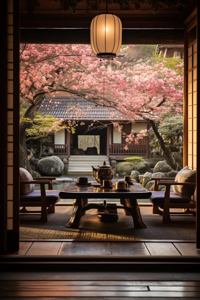 Traditional Machiya Room with a View of the Cherry Blossom Landscape