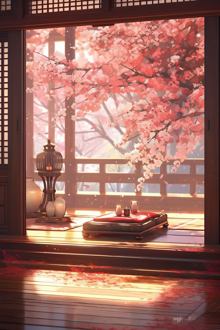 Traditional Machiya Room with a View of the Cherry Blossom Landscape