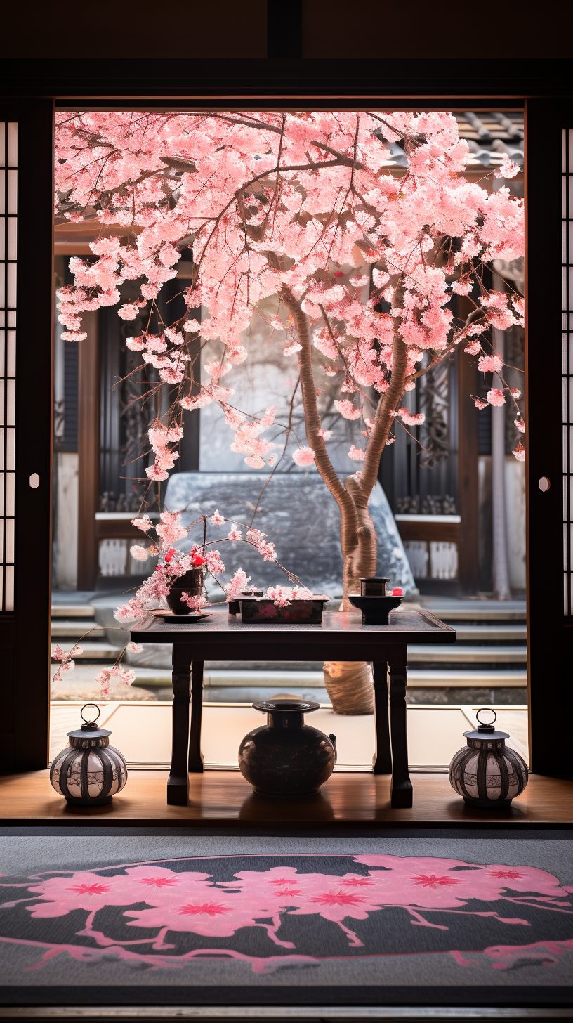 Traditional Machiya Room with a View of the Cherry Blossom Landscape