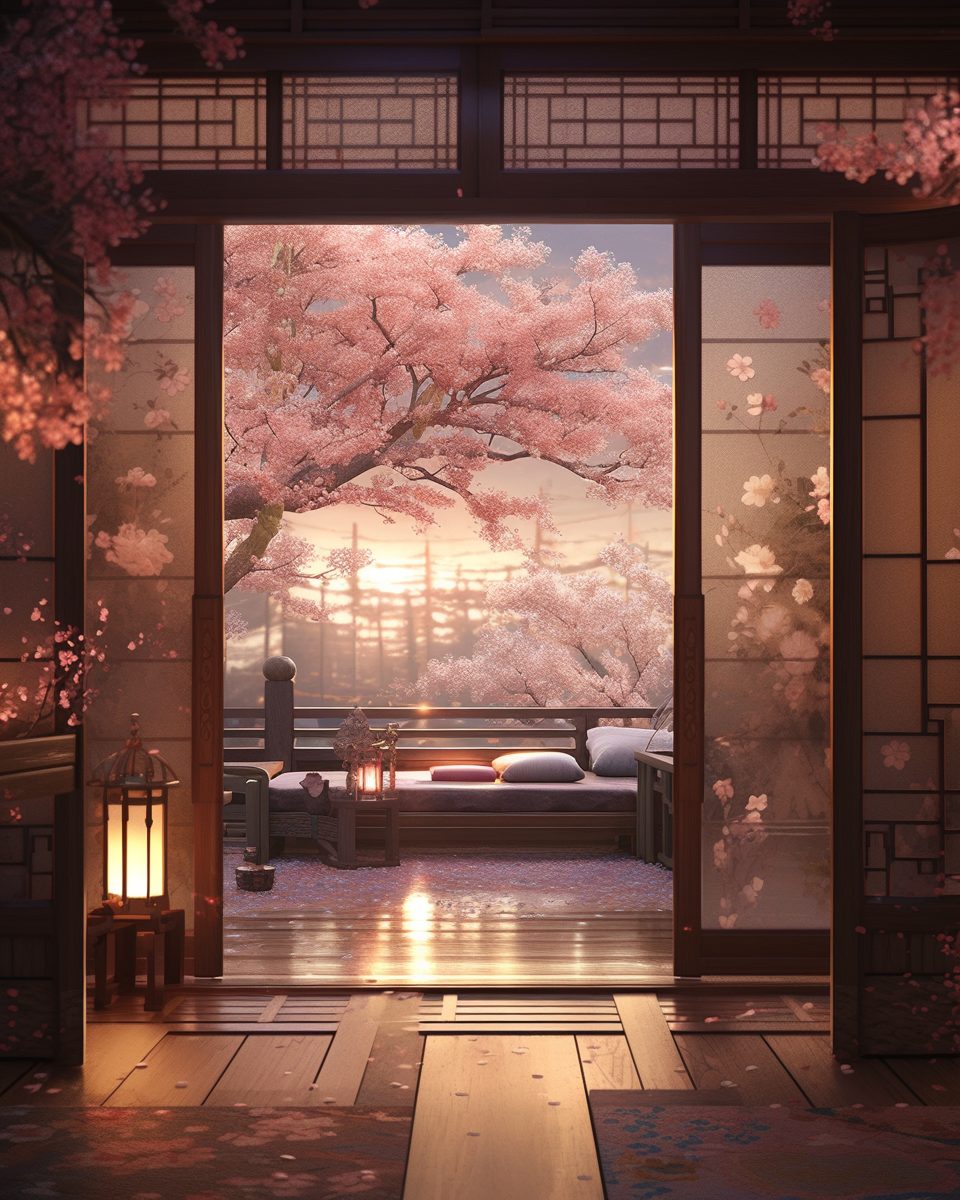 Traditional Machiya Room with a View of the Cherry Blossom Landscape