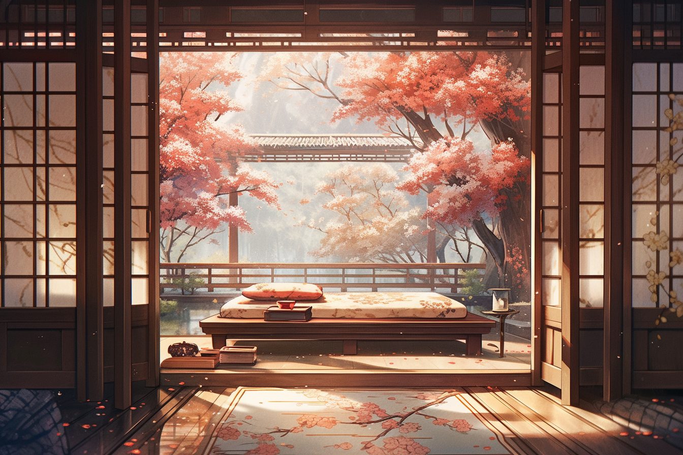 Traditional Machiya Room with a View of the Cherry Blossom Landscape