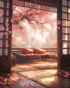 Traditional Machiya Room with a View of the Cherry Blossom Landscape