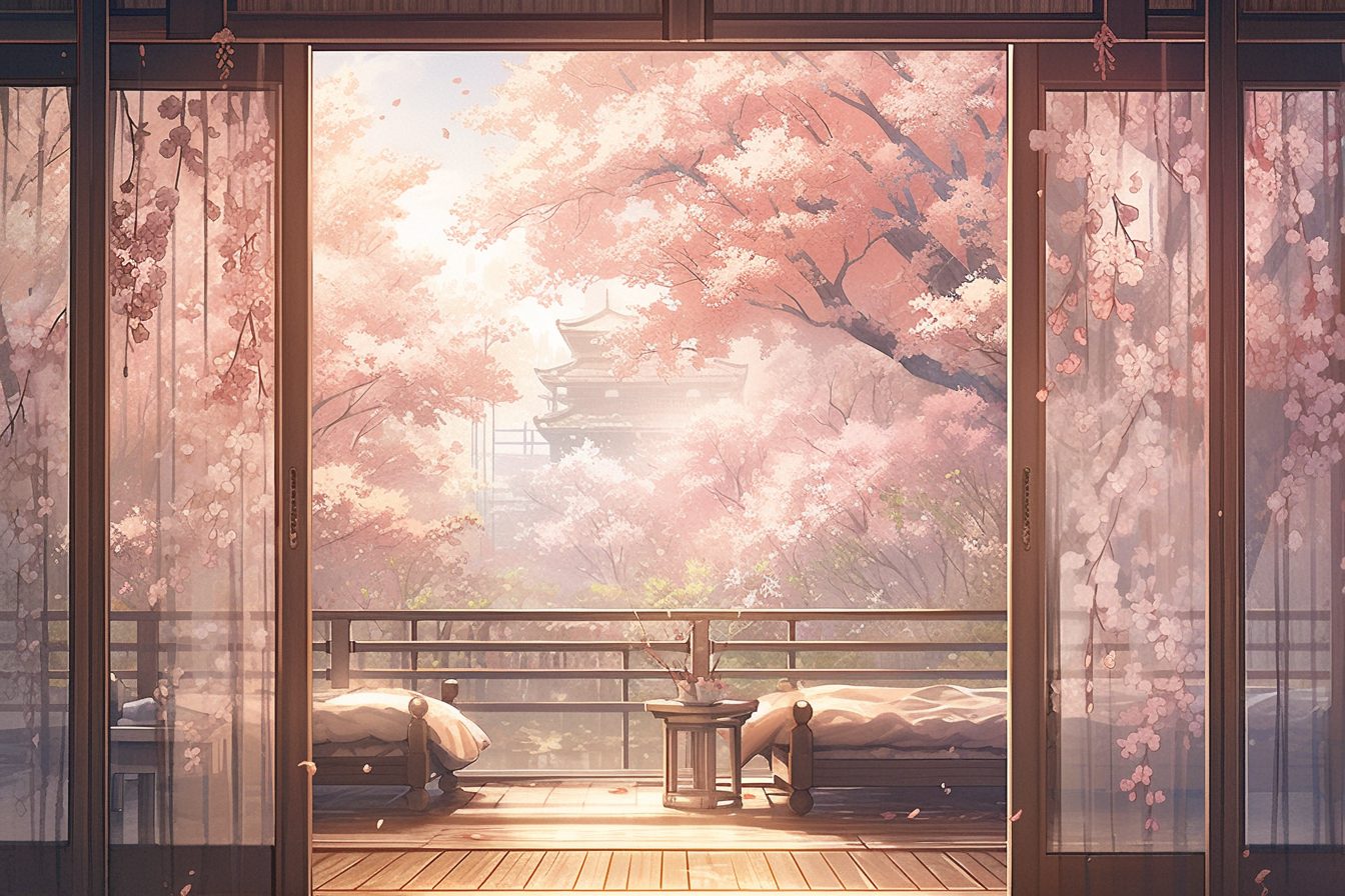 Traditional Machiya Room with a View of the Cherry Blossom Landscape