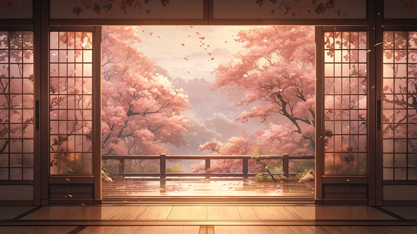 Traditional Machiya Room with a View of the Cherry Blossom Landscape