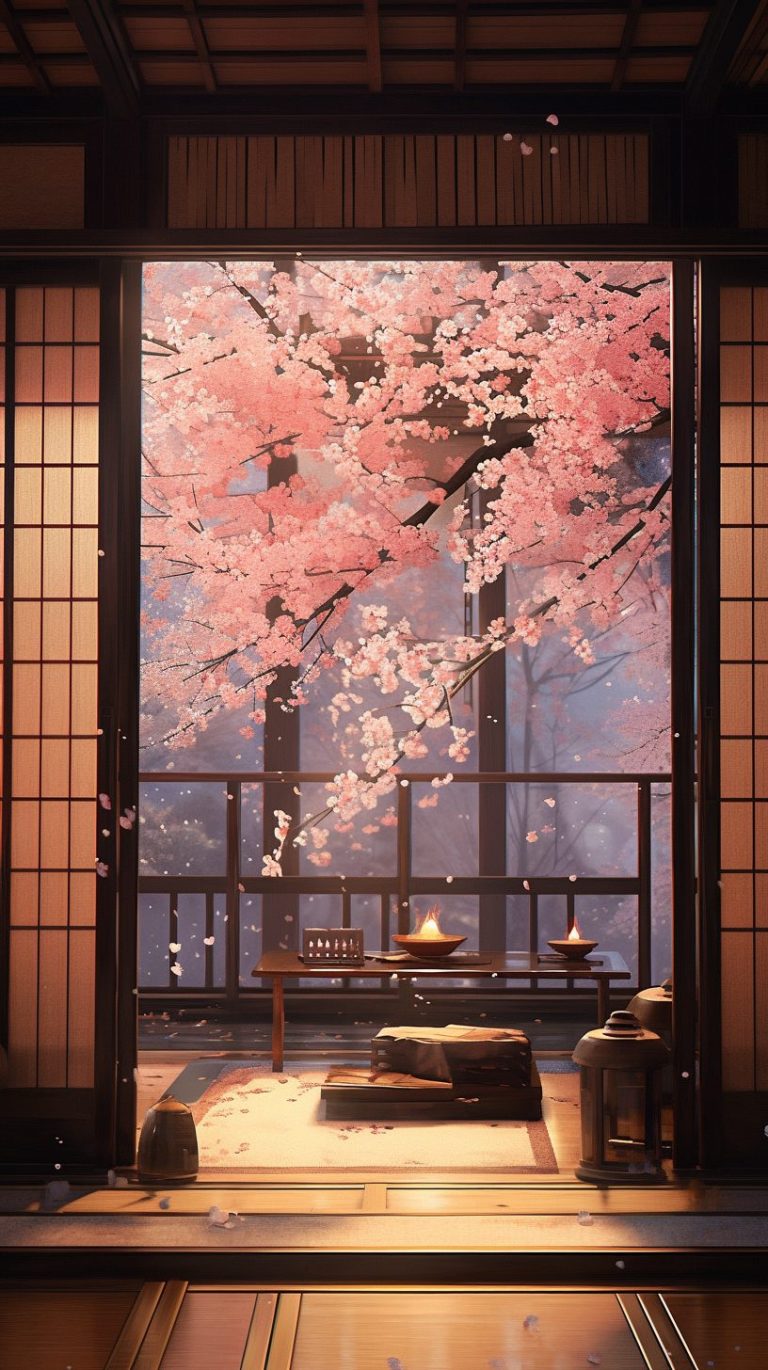 Traditional Machiya Room with a View of the Cherry Blossom Landscape