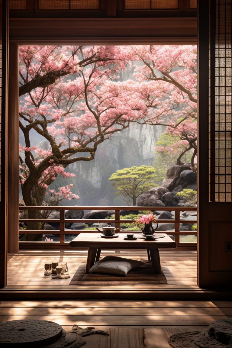 Traditional Machiya Room with a View of the Cherry Blossom Landscape