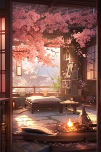 Traditional Machiya Room with a View of the Cherry Blossom Landscape