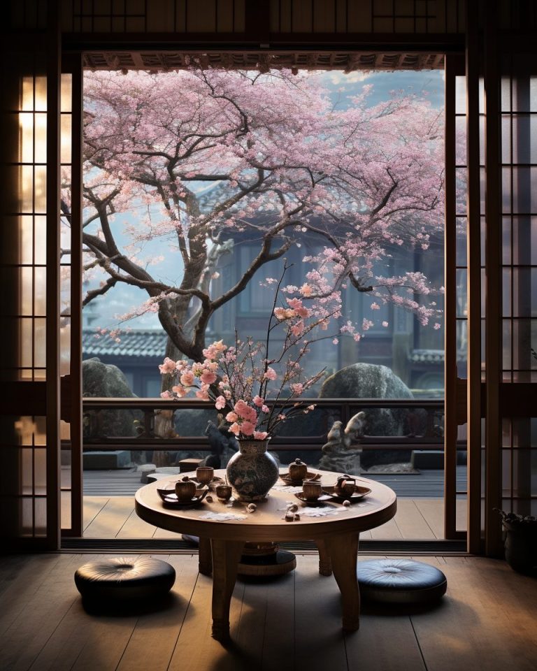 Traditional Machiya Room with a View of the Cherry Blossom Landscape