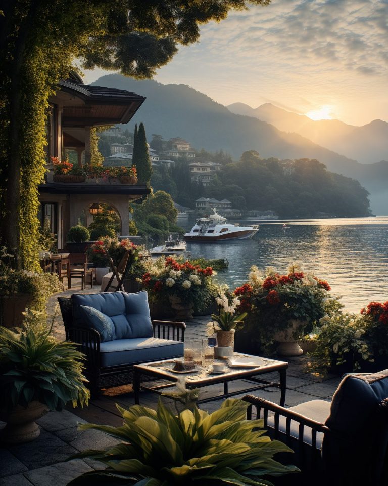 Waterfront Patio with Lush Mountain View