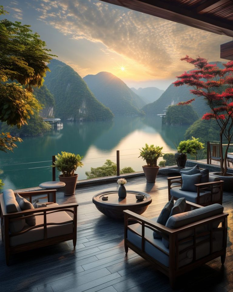 Waterfront Patio with Lush Mountain View