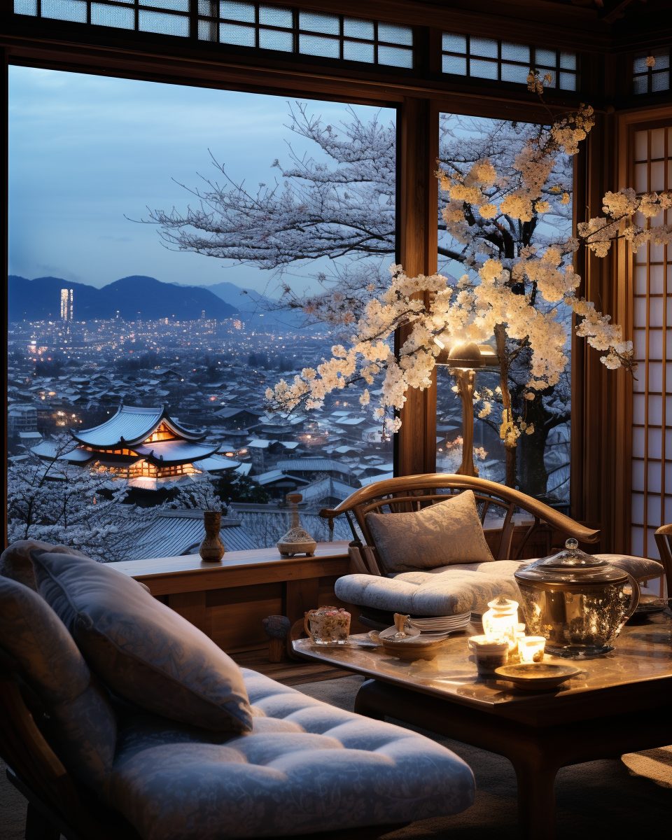 A Traditional Japanese House with a View of Snow-Covered Kyoto Town