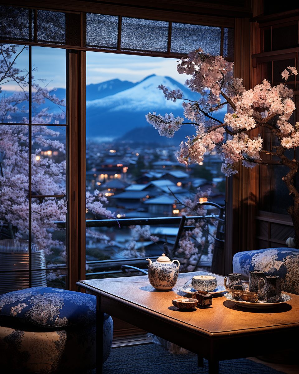 A Traditional Japanese House with a View of Snow-Covered Kyoto Town