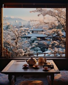 A Traditional Japanese House with a View of Snow-Covered Kyoto Town