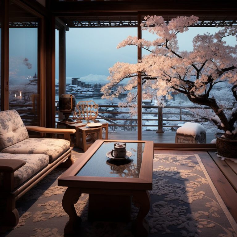 A Traditional Japanese House with a View of Snow-Covered Kyoto Town