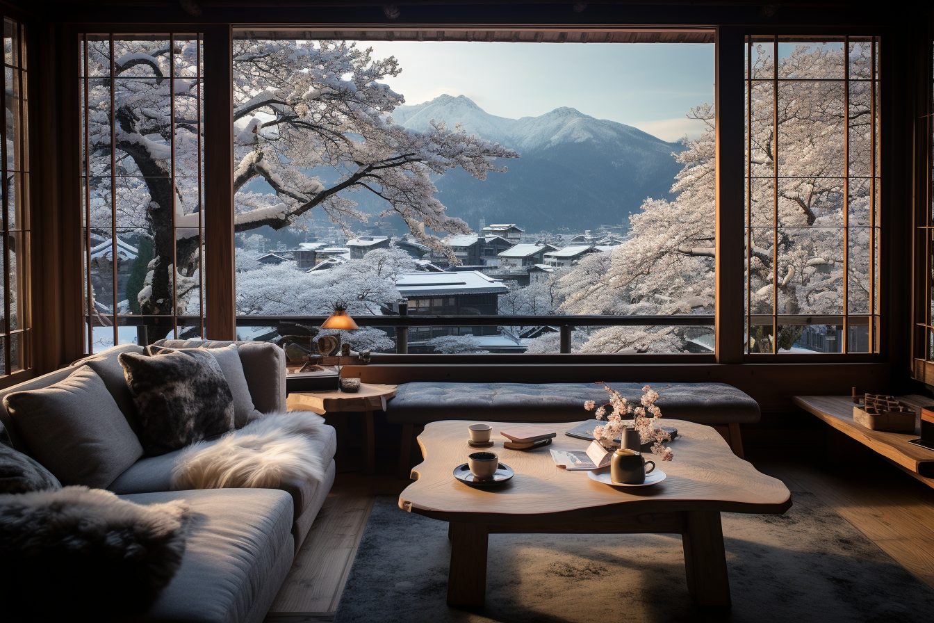 A Traditional Japanese House with a View of Snow-Covered Kyoto Town