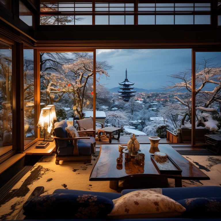 A Traditional Japanese House with a View of Snow-Covered Kyoto Town