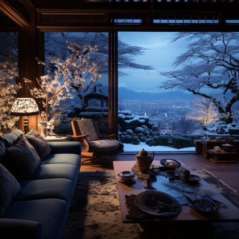A Traditional Japanese House with a View of Snow-Covered Kyoto Town