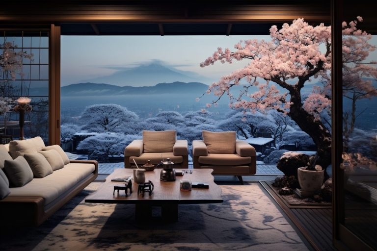 A Traditional Japanese House with a View of Snow-Covered Kyoto Town