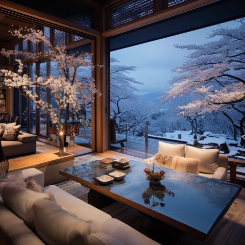 A Traditional Japanese House with a View of Snow-Covered Kyoto Town